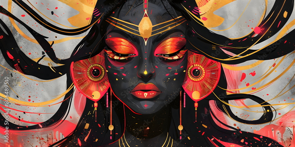 Close-up of the face of the Indian goddess Mahakali. Kali Maa on a dark ...