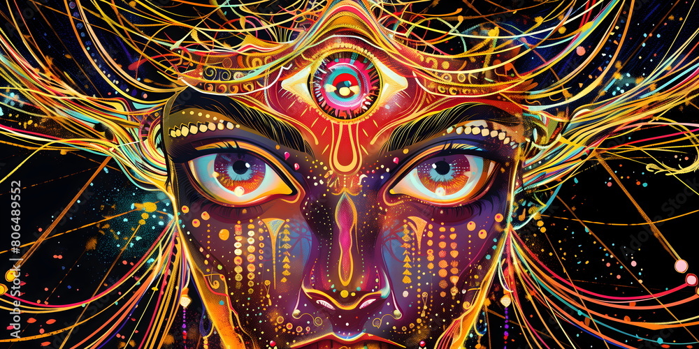 Close-up of the face of the Indian goddess Mahakali. Kali Maa on a dark ...