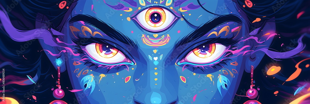 Close-up of the face of the Indian goddess Mahakali. Kali Maa on a dark ...