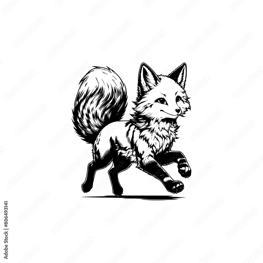 cute fox running pose hand drawn art style black outline vector ...