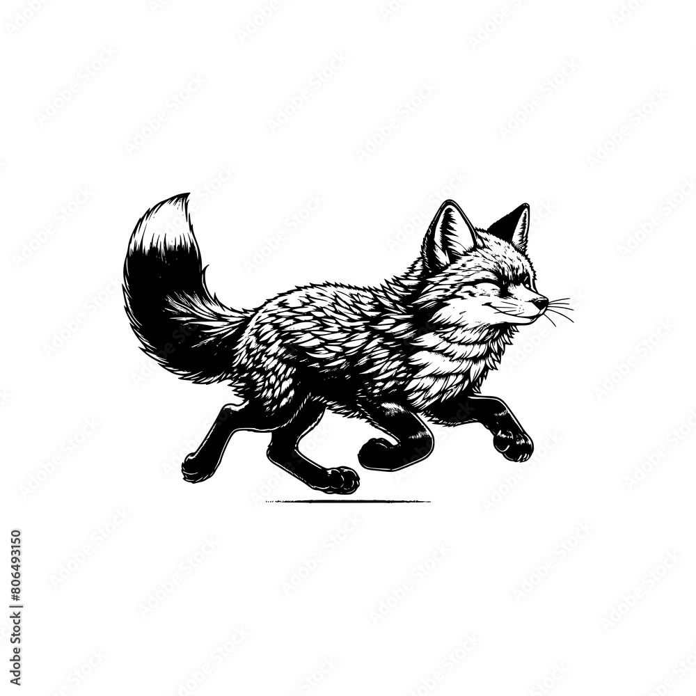 cute fox running pose hand drawn art style black outline vector ...