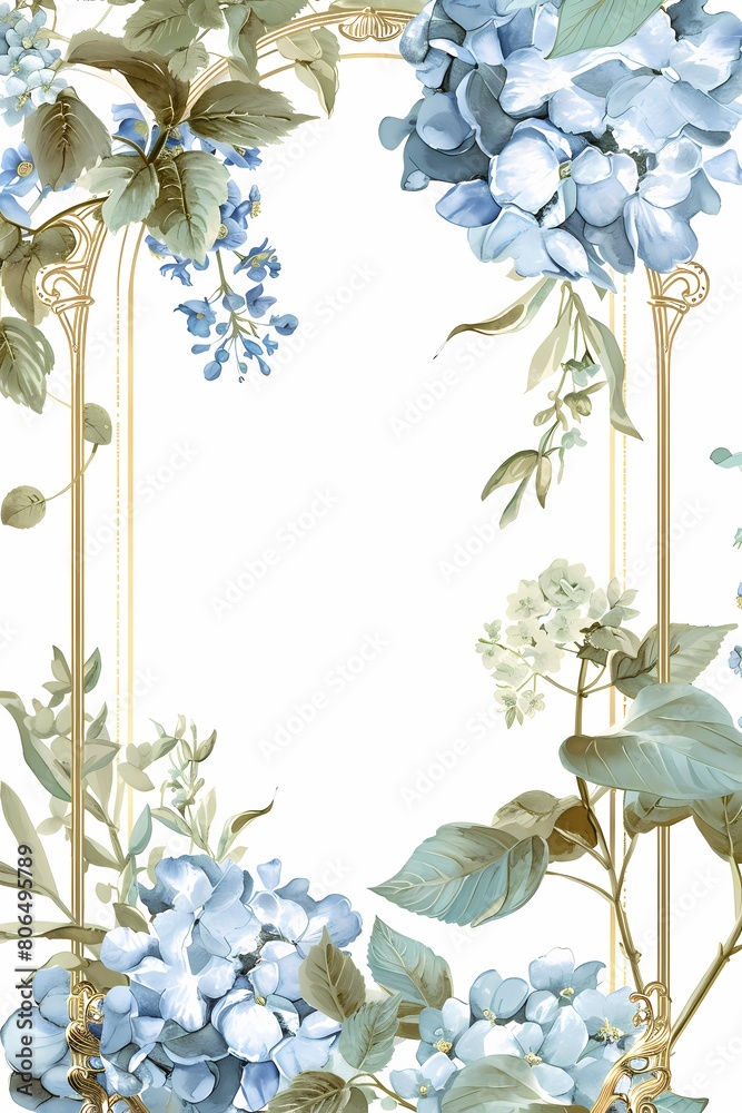 Elegant floral frame with blue hydrangeas and gold accents Stock ...