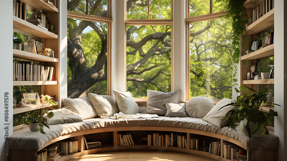 Bay window with seat and built-in bookshelves, Stock Illustration ...