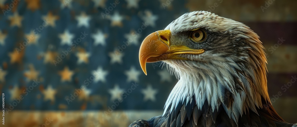 The majestic bald eagle soars above the American flag, a symbol of ...