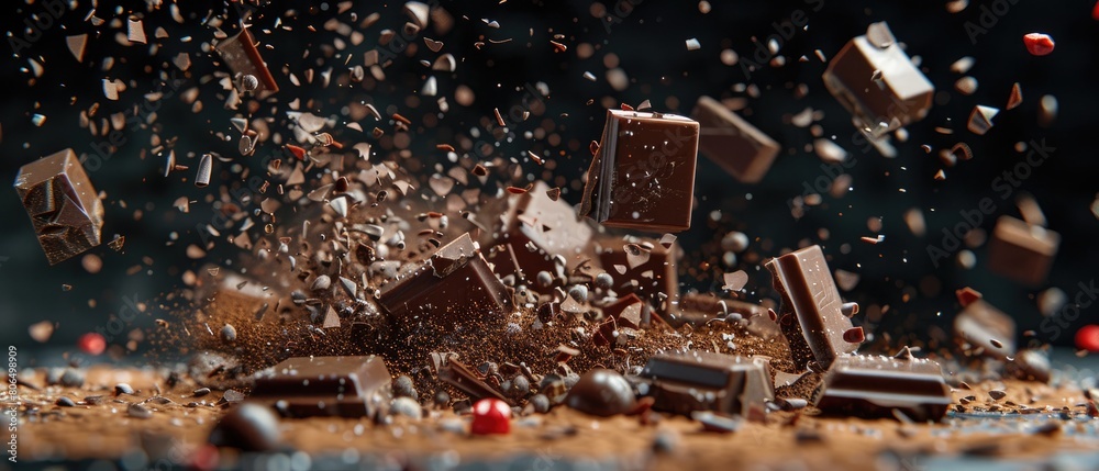 The photo shows a pile of chocolate chunks and cocoa powder. The ...