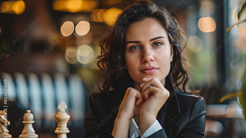 businesswoman making strategic decision in front of chess board, seated ...