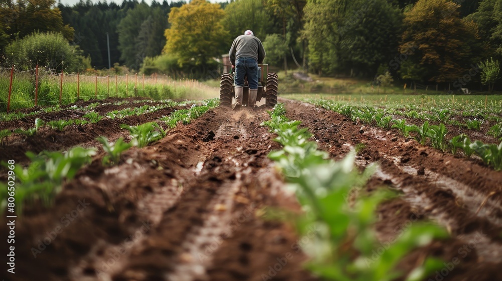 Image of a farmer spreading manure over fields, demonstrating the ...