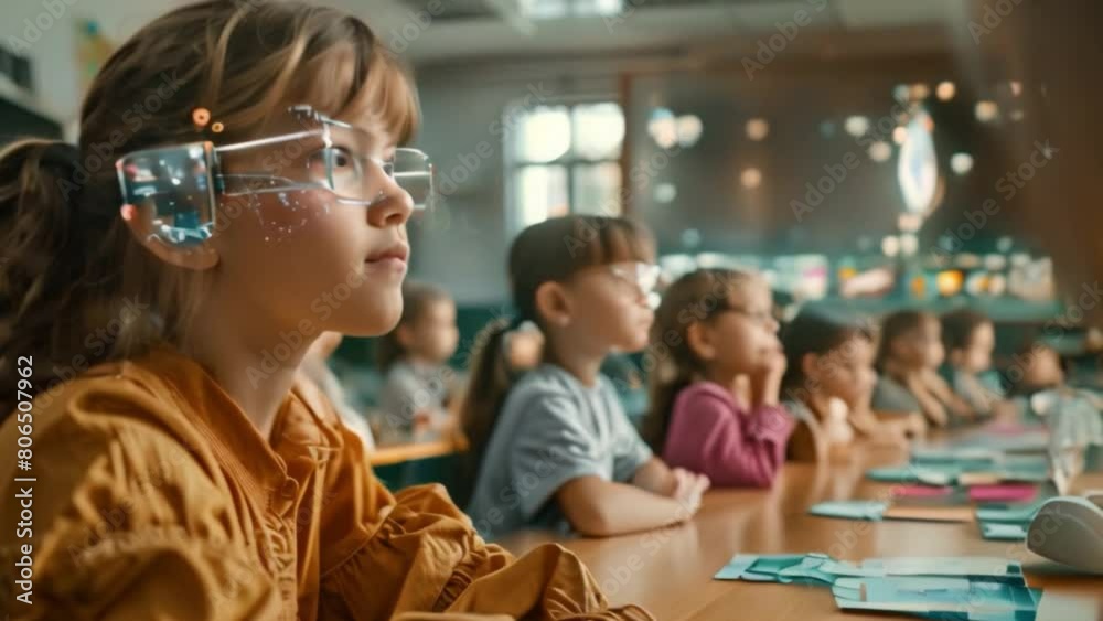 A close-up of an elementary school student in a classroom with CGI ...