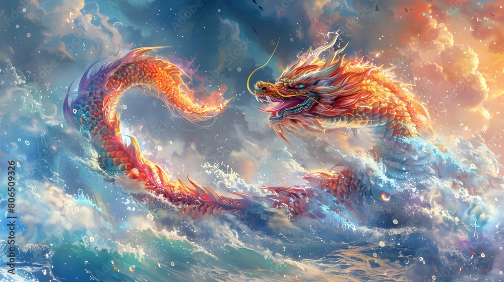 A colorful Chinese brush painting of a highly detailed colorful Chinese ...