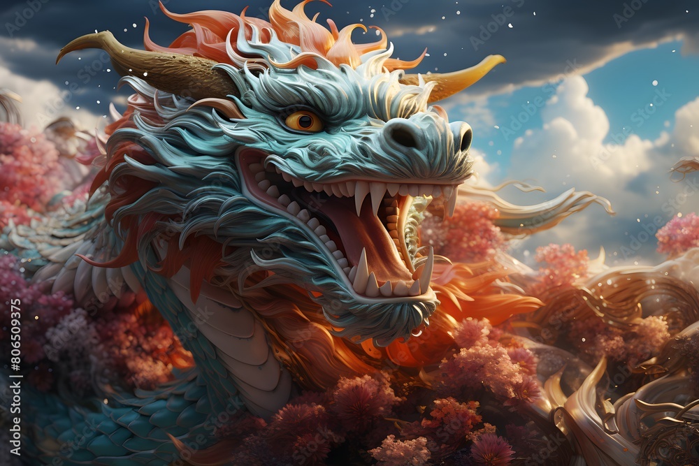 A colorful Chinese brush painting of a highly detailed colorful Chinese ...