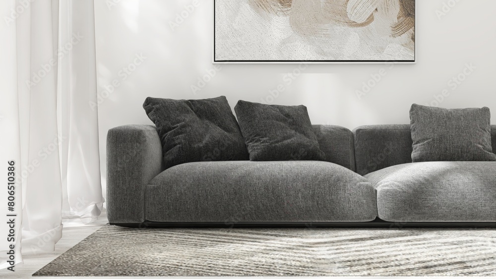 Black sofa in white wall living room in sunlight from window, sheer ...