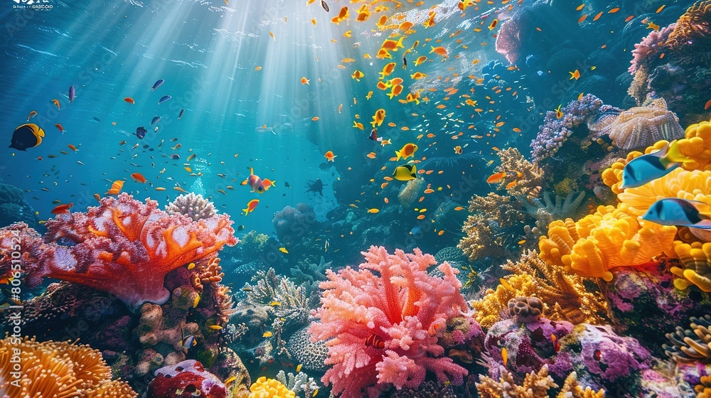 World Oceans Day. World Water Day. Blue ocean underwater life with ...