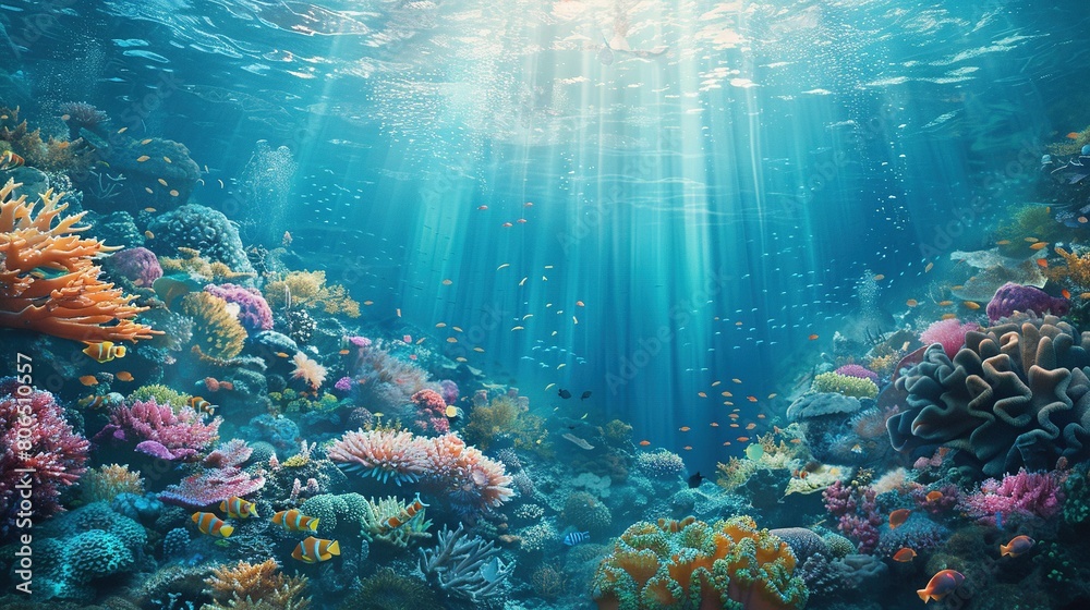 World Oceans Day. World Water Day. Blue ocean underwater life with ...