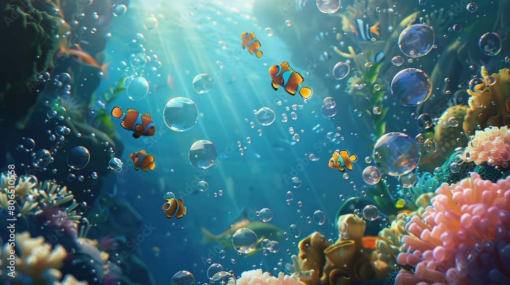 World Oceans Day. World Water Day. Blue ocean underwater life with ...