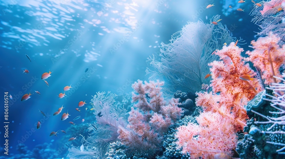 World Oceans Day. World Water Day. Blue ocean underwater life with ...