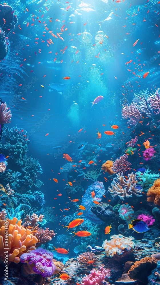 World Oceans Day. World Water Day. Blue ocean underwater life with ...