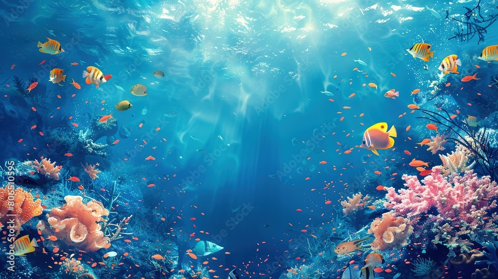 World Oceans Day. World Water Day. Blue ocean underwater life with ...