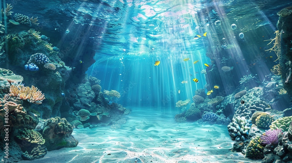 World Oceans Day. World Water Day. Blue ocean underwater life with ...