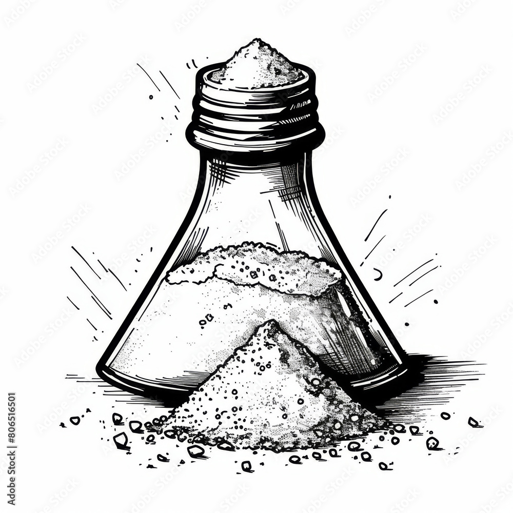 Artistic black and white illustration showing a salt shaker tipping ...