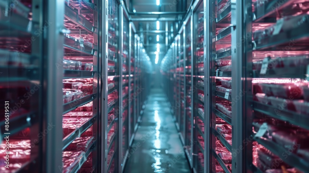 Industrial meat freezing room filled with rows of packaged meat ...