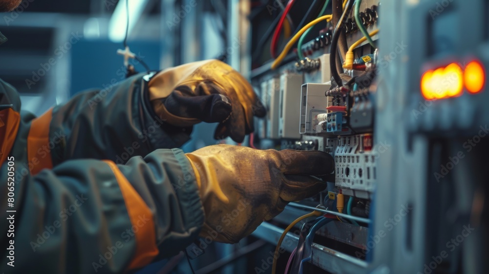 Close-up of an electrical engineer inspecting solar panel junction ...