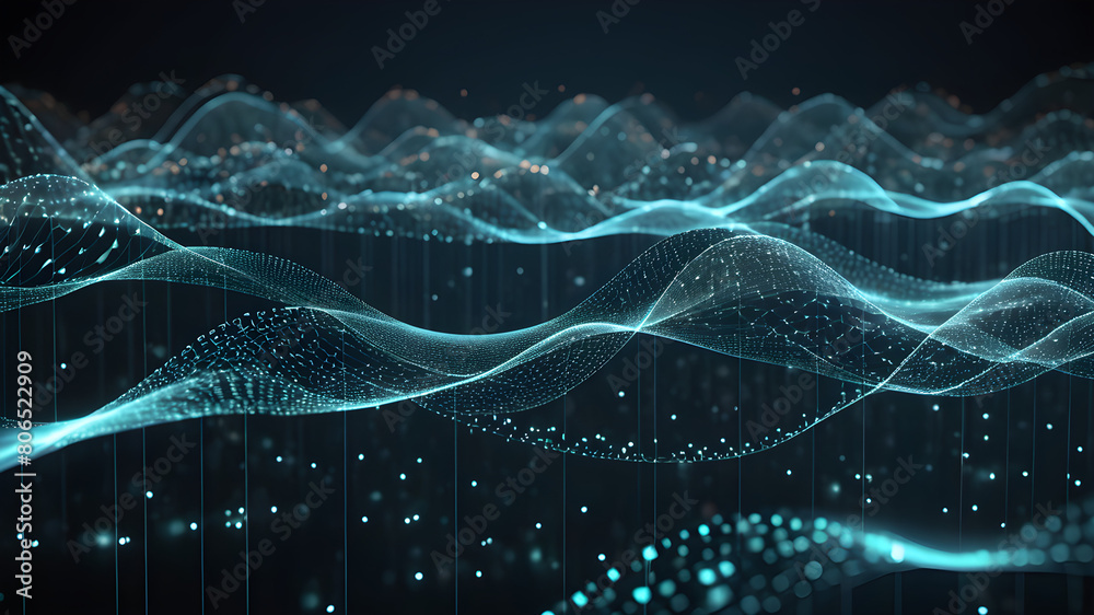 Big Data concept. Blockchain 3D illustration. Information Waves and the Global Database. Neural ...