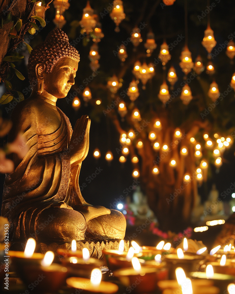 Buddha Purnima and Vesak day concept. Bronze statue of Buddha, candles ...
