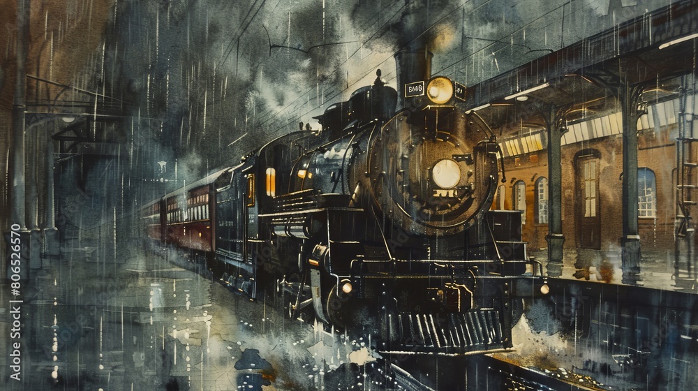 Watercolor painting of a historic steam train at a rain-drenched ...