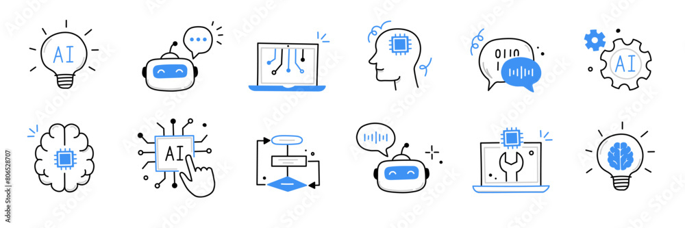 Artificial ai brain icon. Ai machine digital robot hand drawn doodle ...