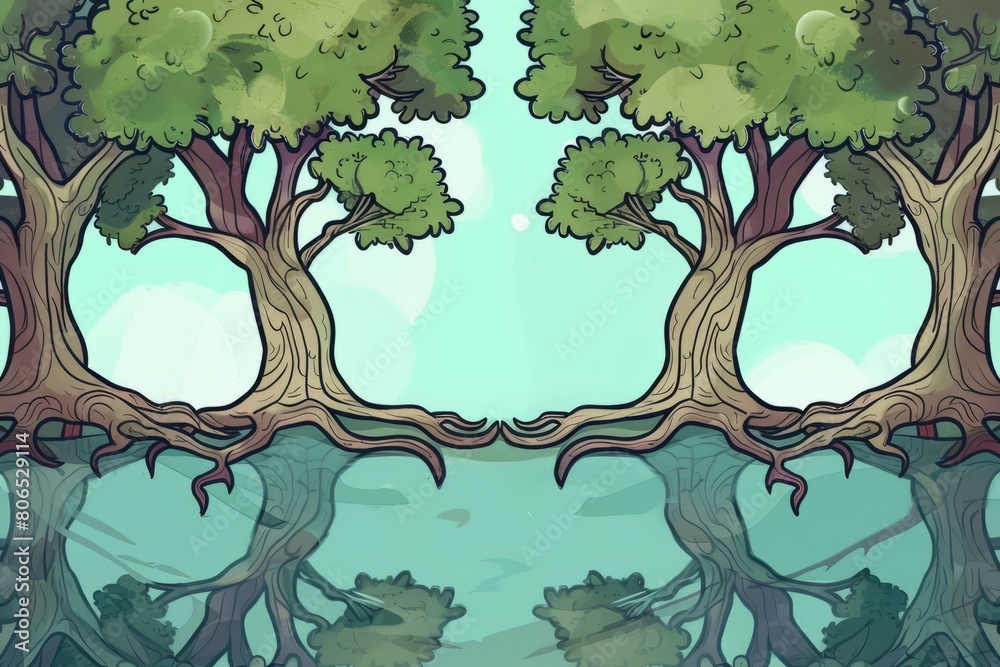 Cartoon cute doodles of mirror world trees with roots reaching into the ...