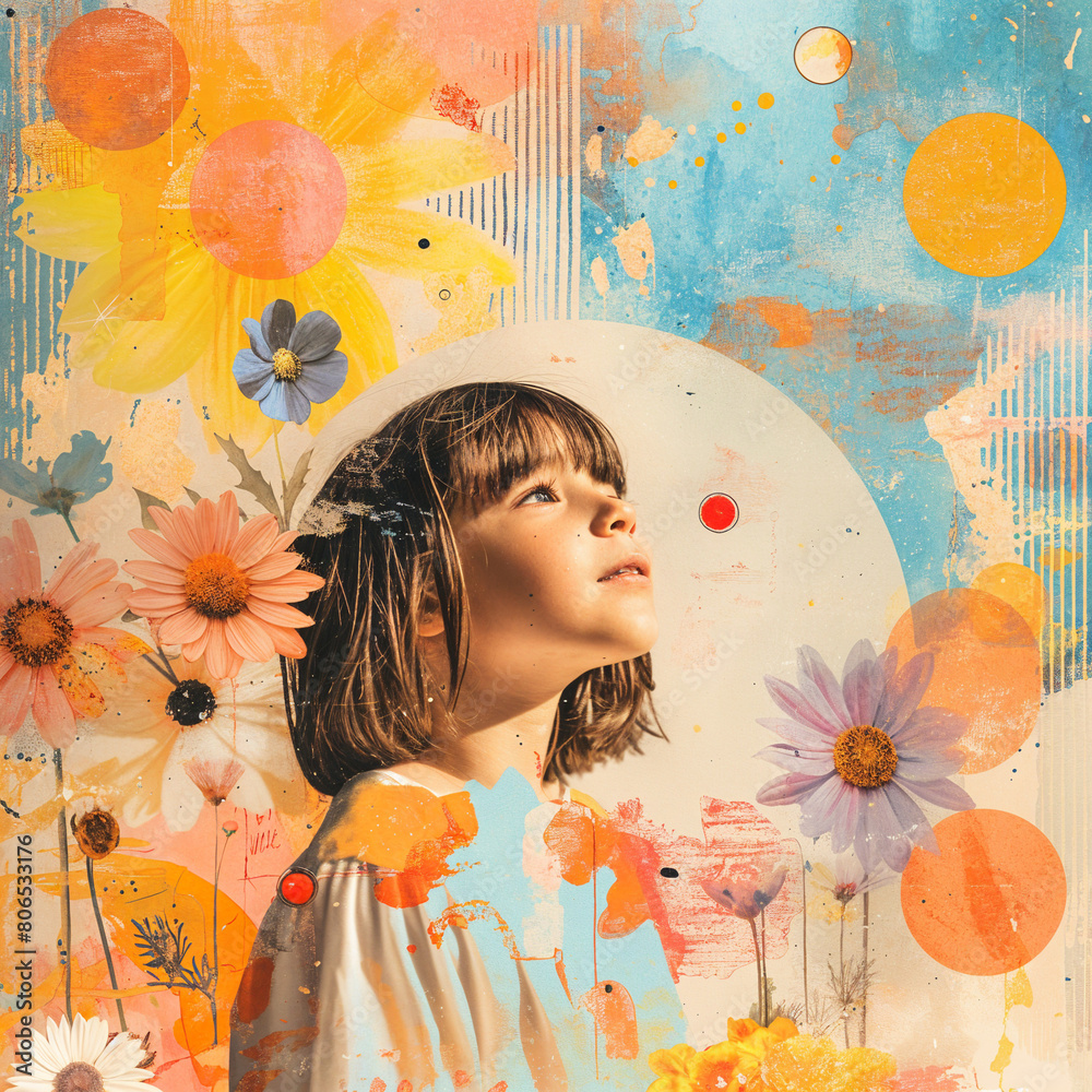 background abstract with child girl, flowers, negative space ...