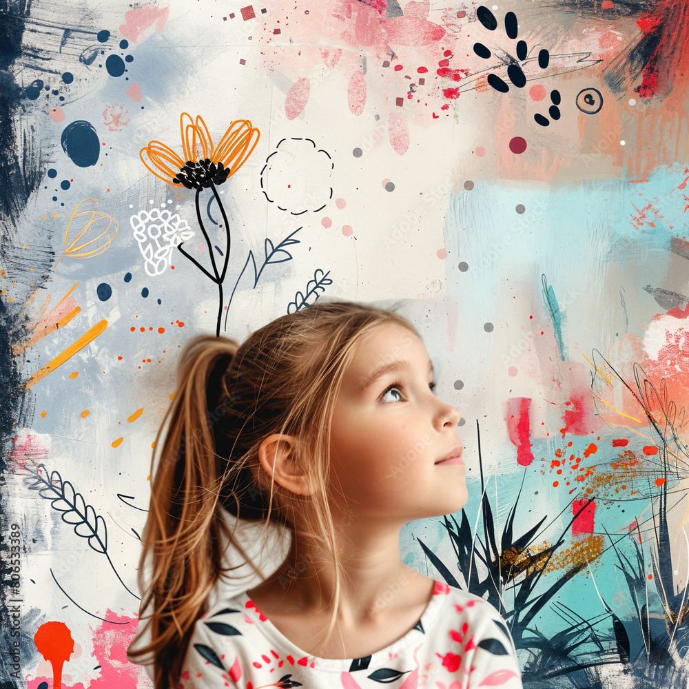 background abstract with child girl, flowers, negative space ...