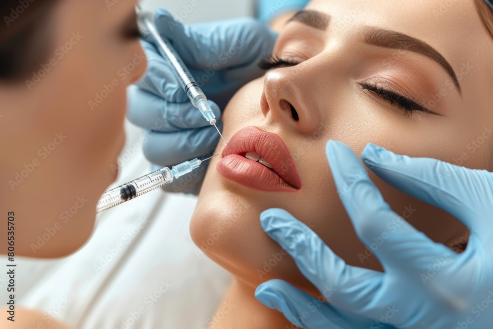 Woman undergoing a Botox lip augmentation procedure at a medical spa ...