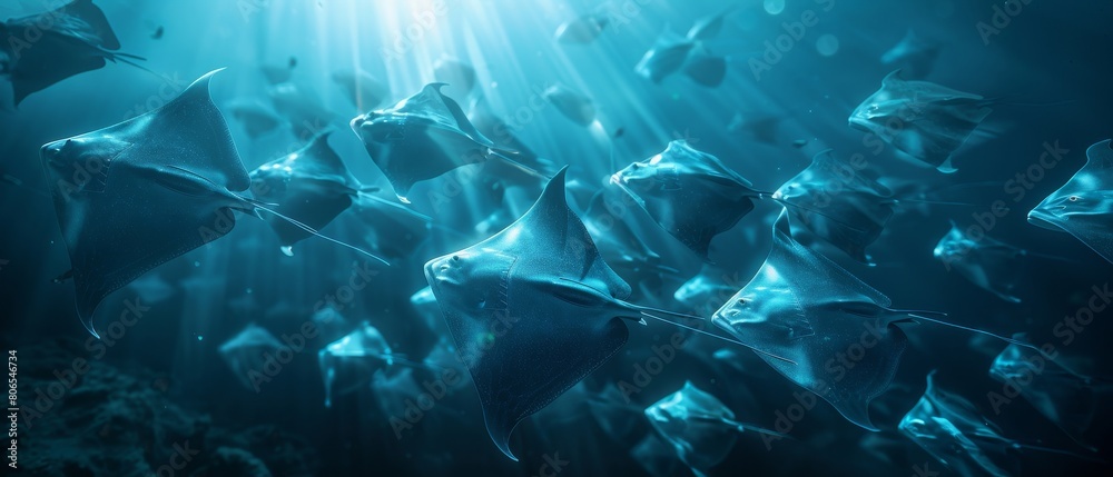 Image of a school of stingrays with data nodes connecting their paths ...