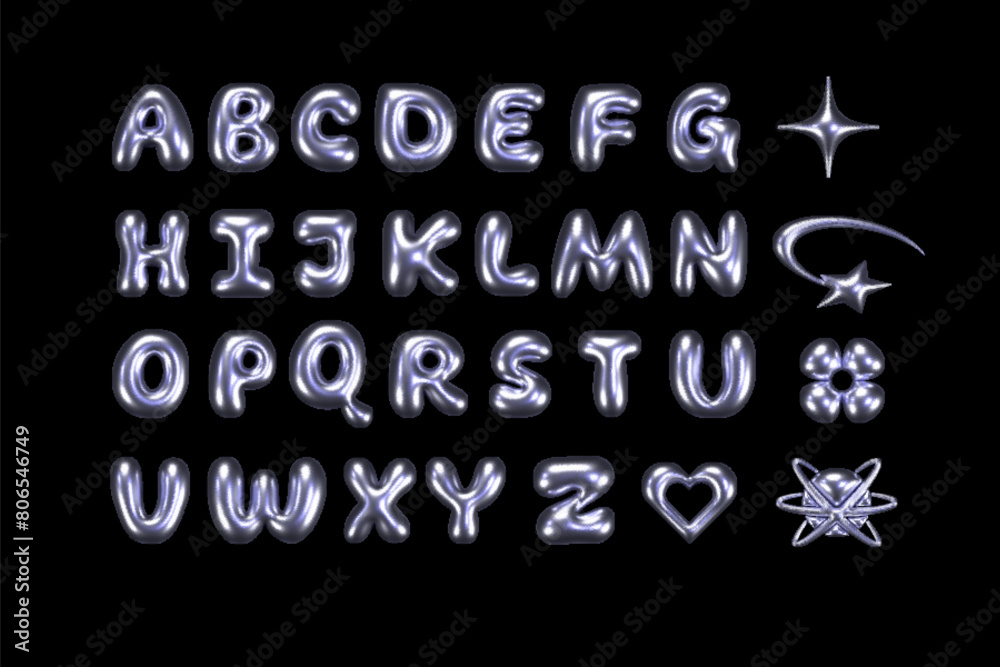 3d chrome liquid font y2k style. 3d y2k metal inflated alphabet Stock ...