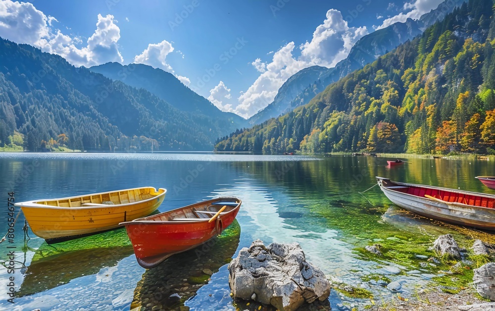 the majestic mountain lake Lacul Rosu on the mountain. boat in the sun ...