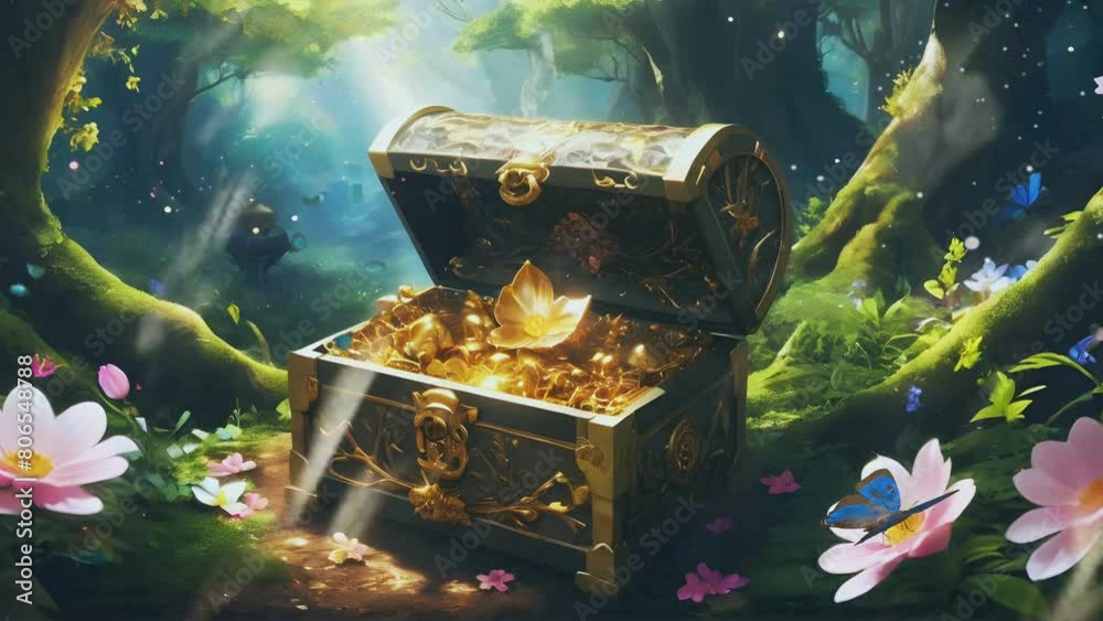 gold treasure chest box with jewelry and gold coins in the middle of a ...
