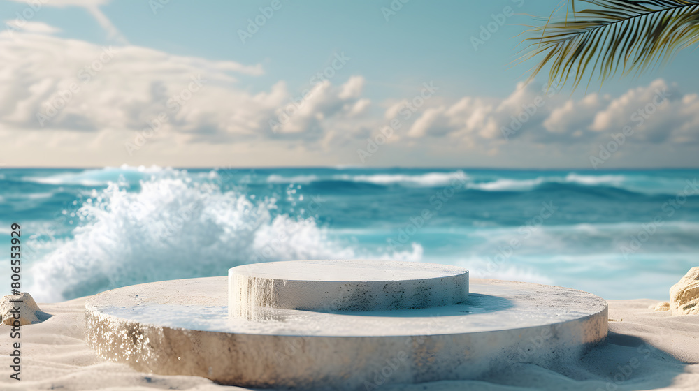 Stone product display stand on beach sand and tropical sea background ...