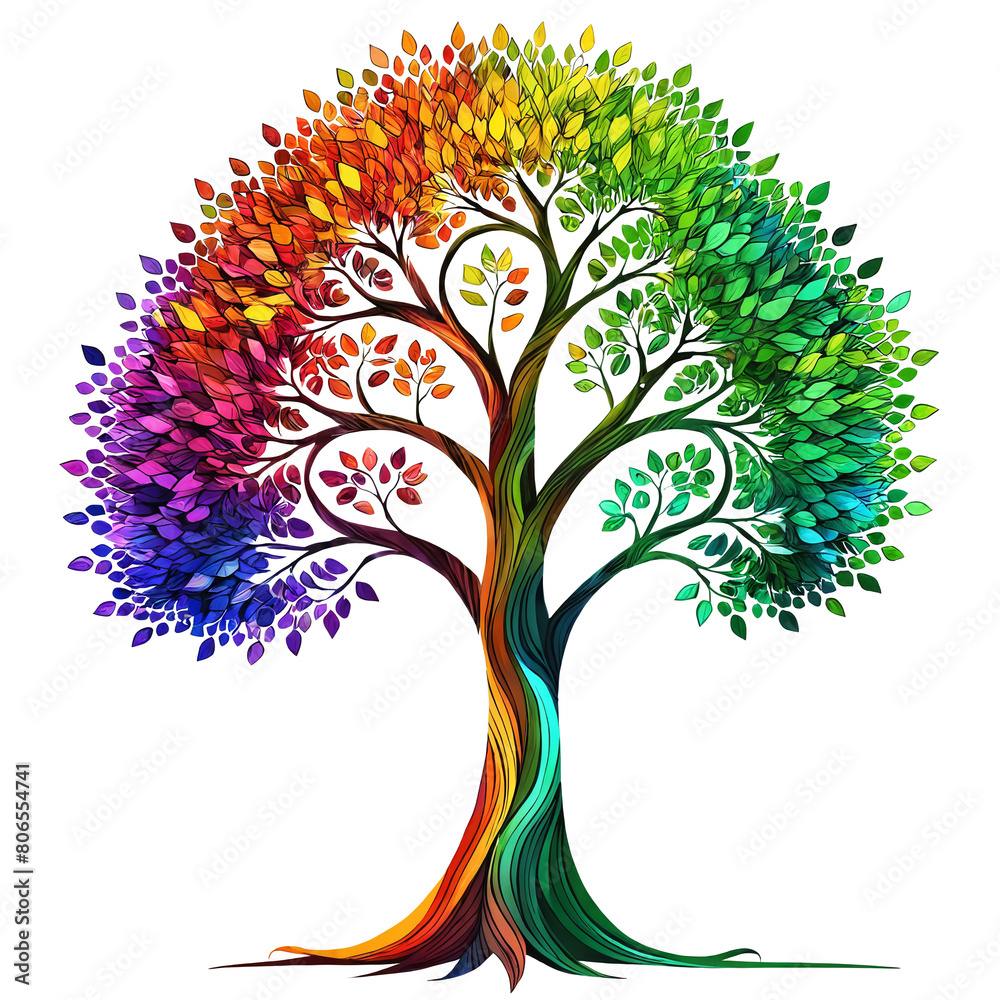 A colorful, rainbow-colored tree with leaves that represent the colors ...