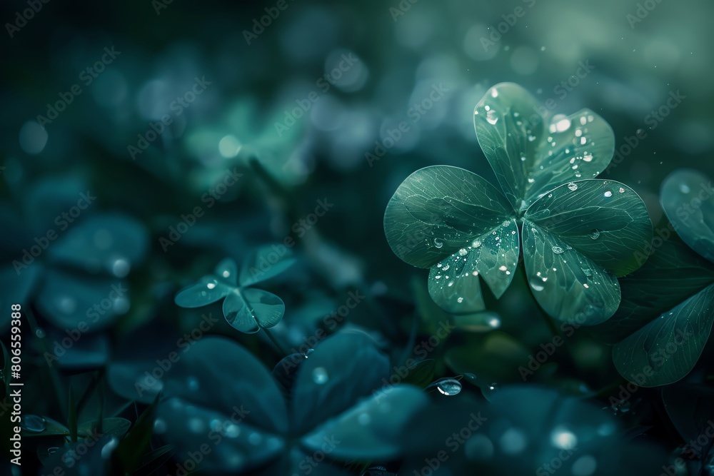 clover emitting a soft glow, surrounded by dark clovers, highlighting a ...