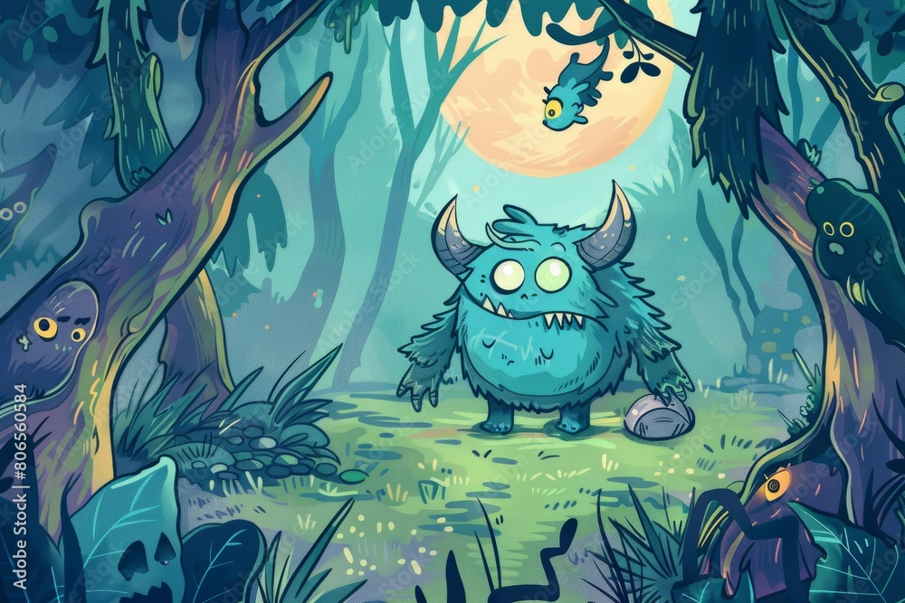 Cartoon cute doodles of a brave little monster hunting for his lost ...