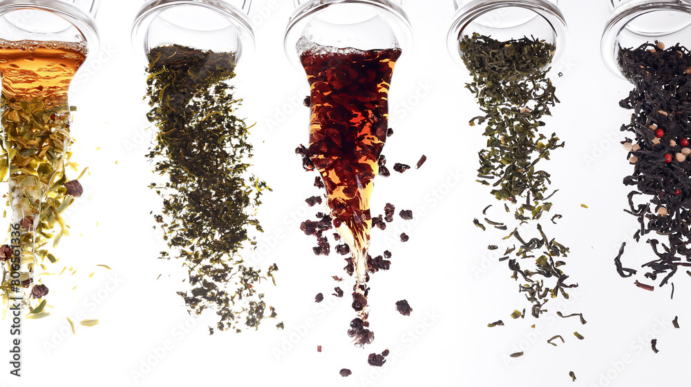 Five different types of tea spilling from glass jars against a white ...