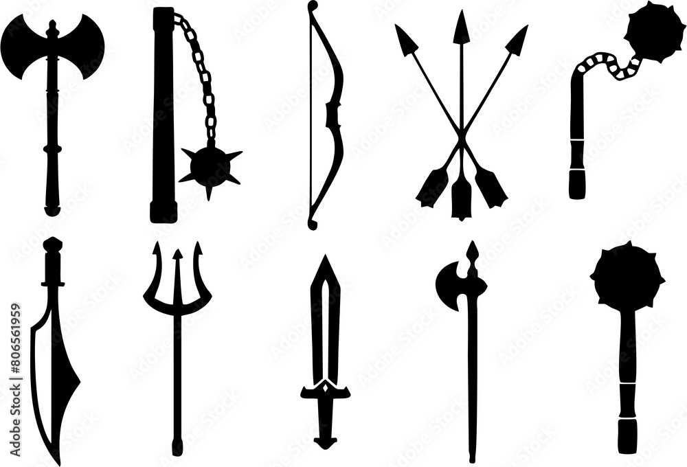 Medieval war weapons, set icon crossbow, sword, axe, pike mace and ...