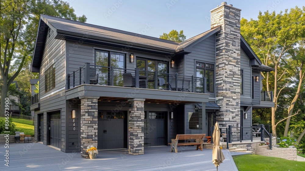 A contemporary house exterior with gray siding, stone columns, and two ...