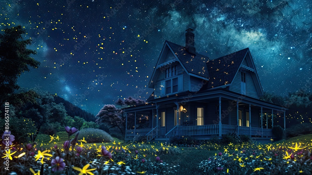 A country farm house with a porch under the starry night sky ...