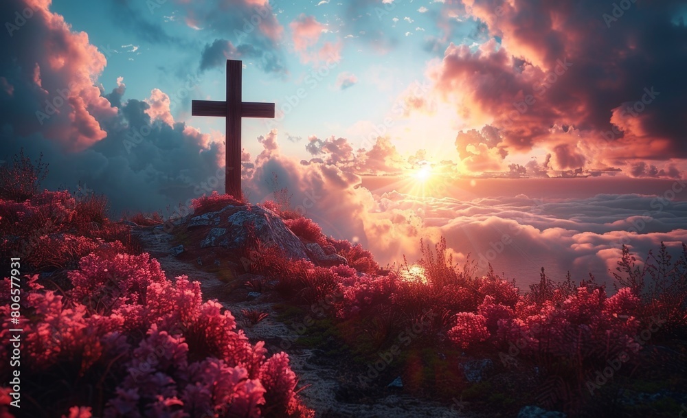 The cross on the hill with beautiful sunset sky background, Easter ...