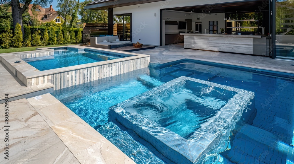 A pool with an integrated jacuzzi and a swim-up bar at a modern summer ...