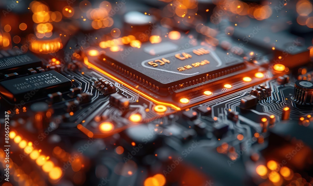 The image is of a computer chip with orange glowing lights. The chip is ...
