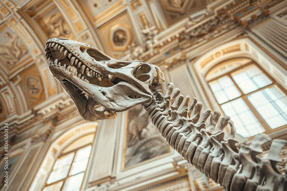 A close-up photograph of the Diplodocus head and neck skeleton, viewed ...