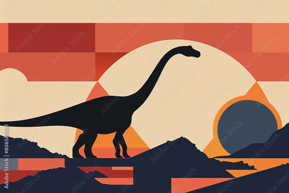 A minimalist poster of a Diplodocus silhouette against a bold ...